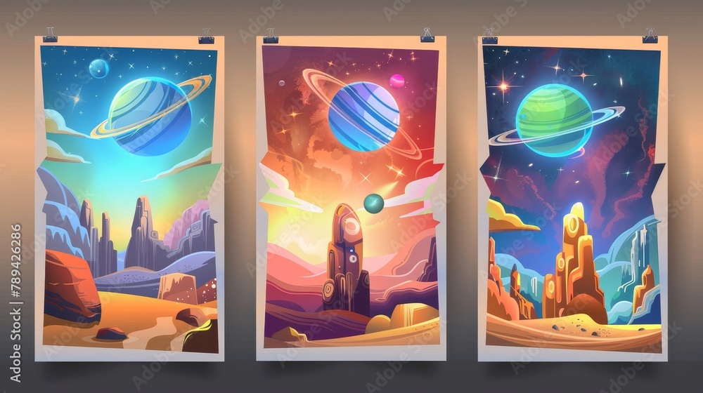 Modern set of space exploration posters featuring a cartoon illustration of alien planets on an ...