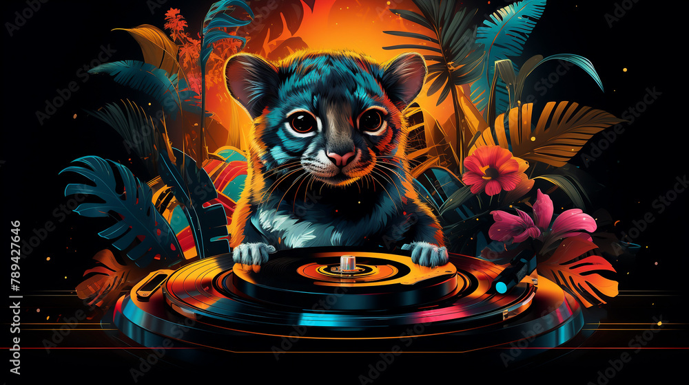 Neonlit animal DJ retro turntables vibrant jungle creature spinning ...