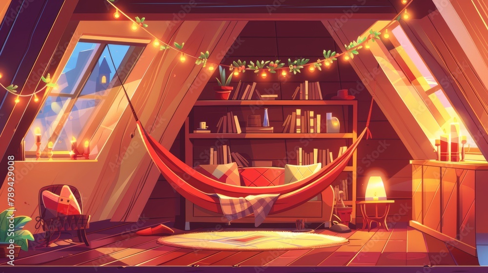 ภาพประกอบสต็อก An attic room with a hammock and sofa. Modern parallax ...