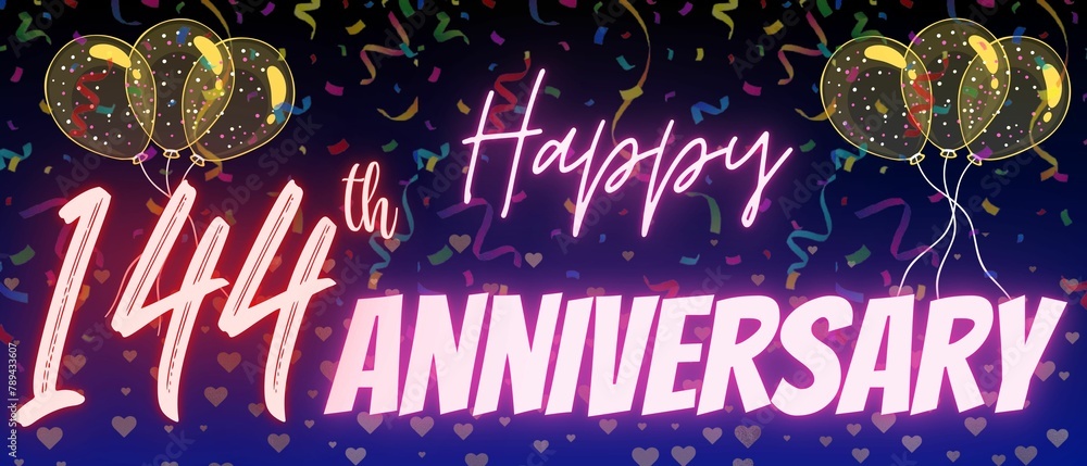 144th anniversary neon calligraphy text and number. Confetti and ...