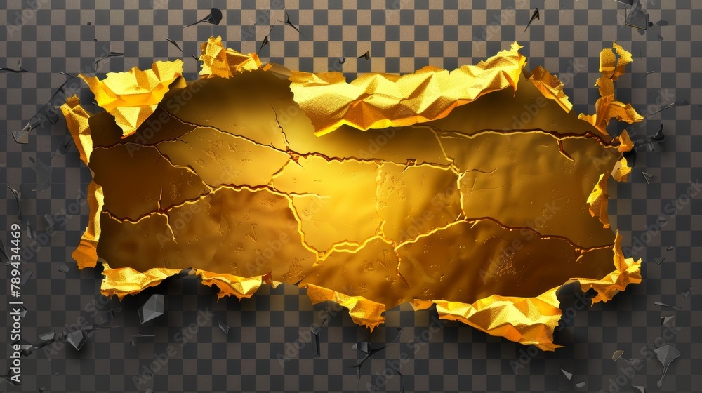 An illustration of a gold metal rip hole in a horizontal frame with ...