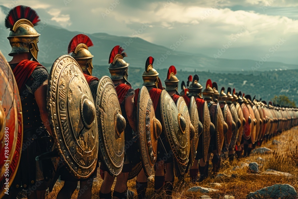 An army of ancient Greek hoplites, armed with spears and shields ...