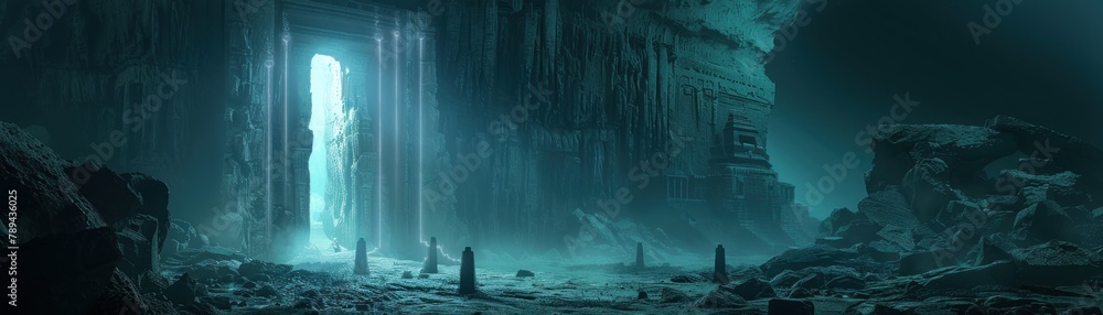 An epic fantasy landscape painting of a vast underground cavern with a ...