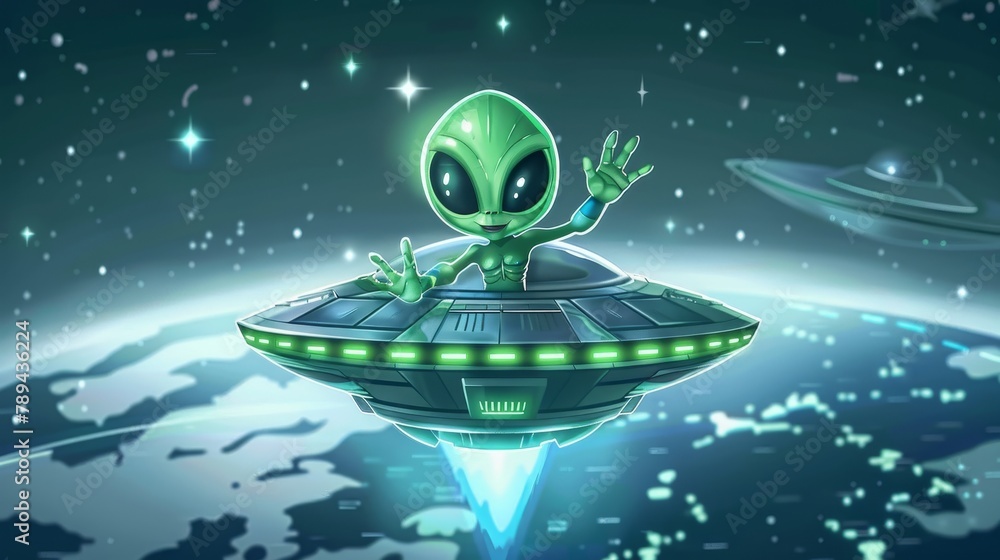 Cartoon alien on board spacecraft approaching Earth. Modern ...
