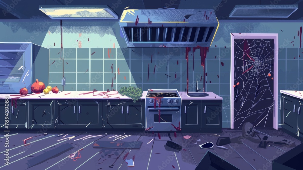 Vacant messy kitchen restaurant interior modern illustration ...