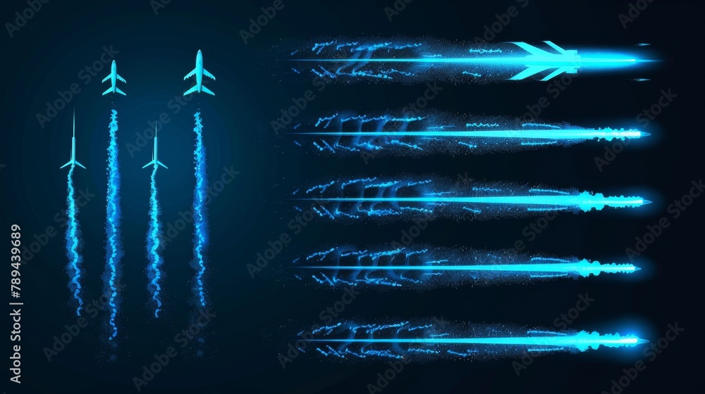 A realistic airplane condensation trail set against a black background ...