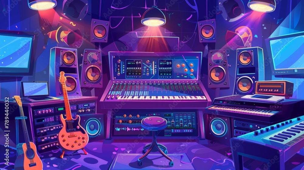 Music recording studio with electric guitars, synthesizer, speakers ...
