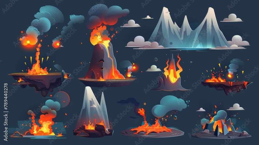 Videogame app sprite sheet of volcanic eruption and exploding ...