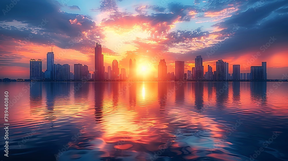 A city skyline at sunset, where the last rays of the sun highlight the ...