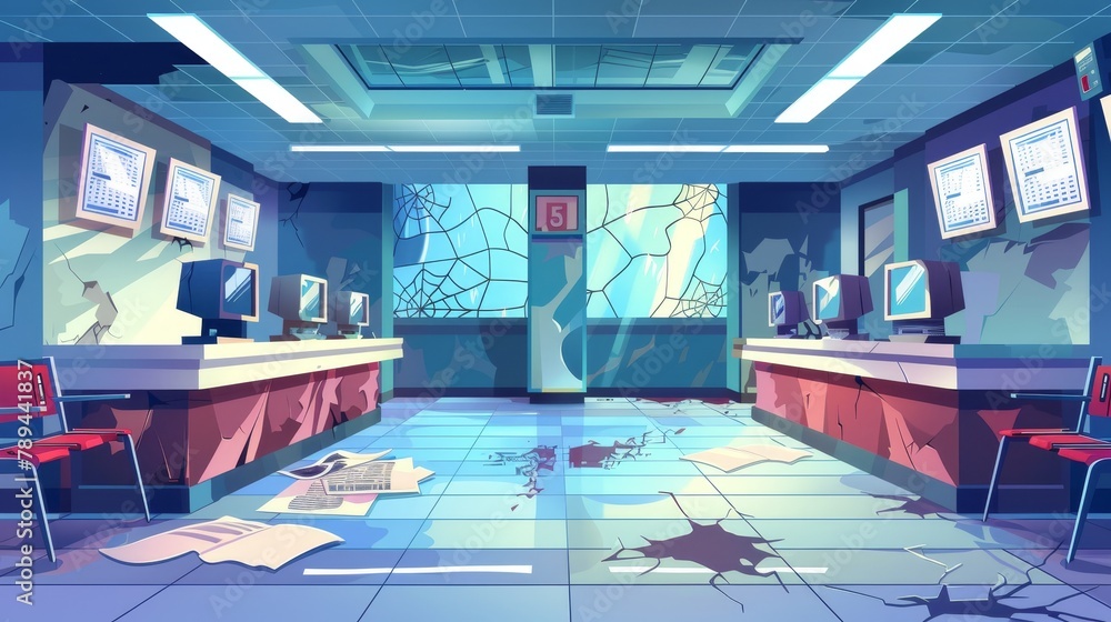 An abandoned haunted clinic with a destroyed hospital lobby interior ...