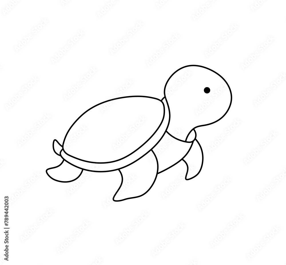 Vector isolated one single cute cartoon baby turtle side view colorless ...