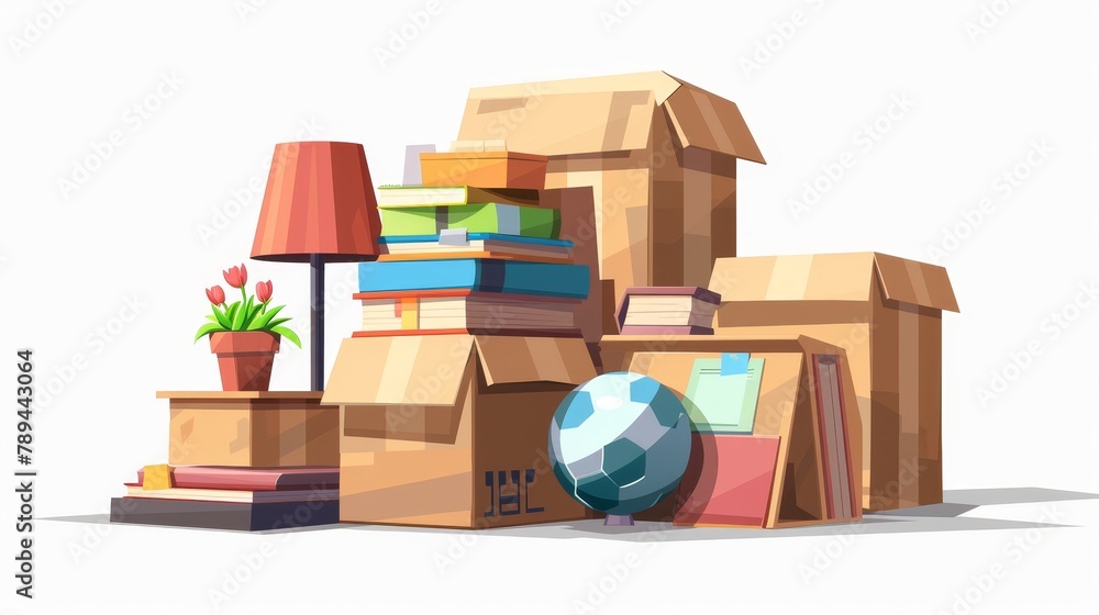 Boxes with home stuff isolated on white background. Modern cartoon ...
