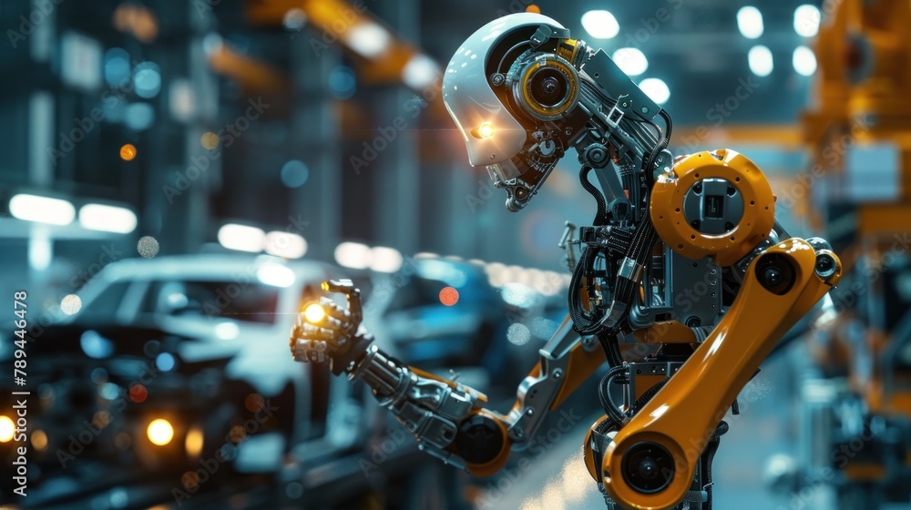 AI robot standing scanning with light from eyes, car assembly ...