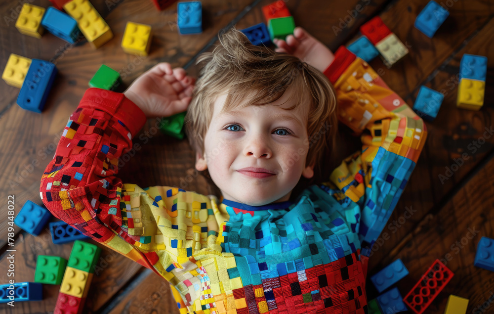 A little boy wearing colorful is lying on the floor with his hands ...