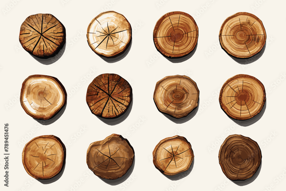 Pine tree cross-sections with annual rings on white background. Lumber ...