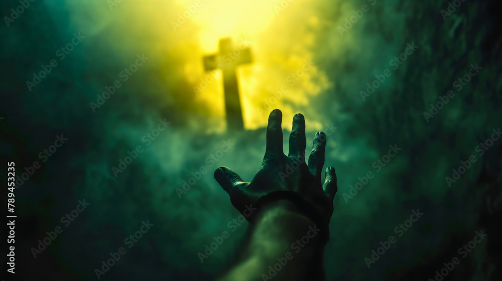 Hand reaching out from dark abyss to silhouette of a wooden cross in ...
