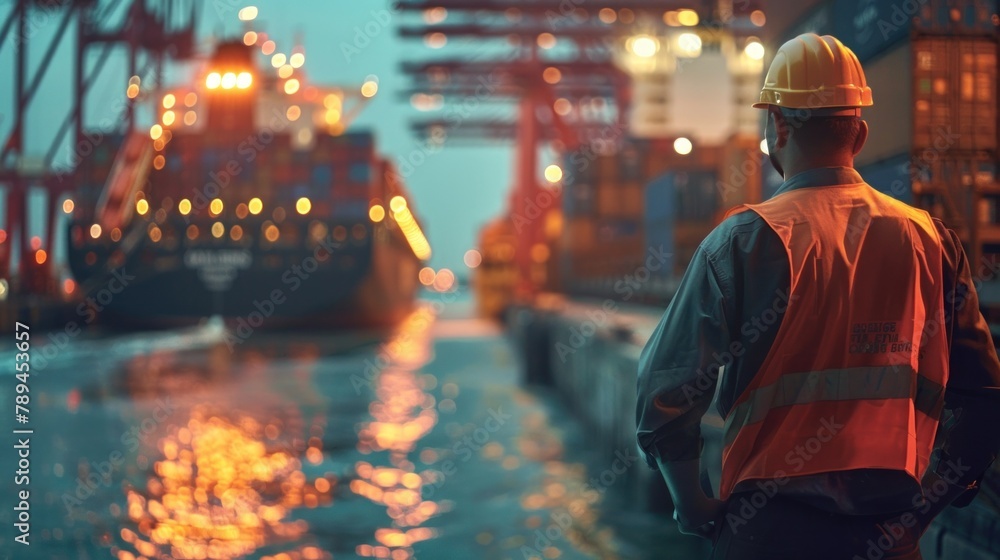 Workers looking back at container ship loading and unloading in sea ...