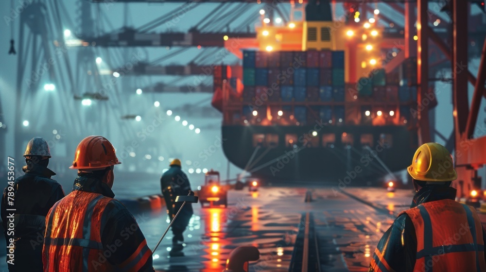 Workers looking back at container ship loading and unloading in sea ...