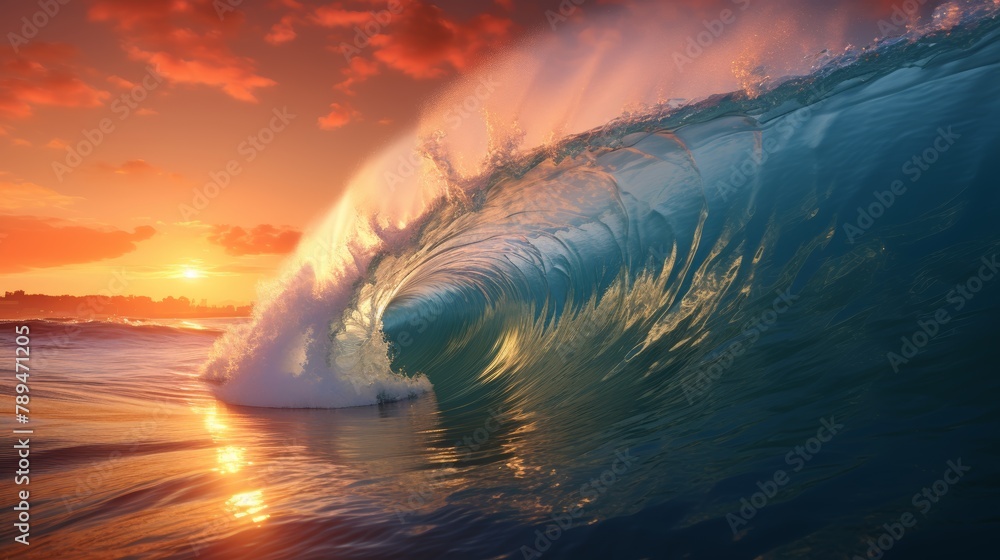 Giant ocean wave breaking at dawn along a sun-kissed tropical shoreline ...