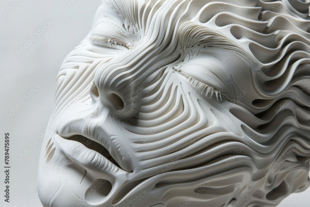 3D printing A white sculpture of a face with a mouth open and eyes ...