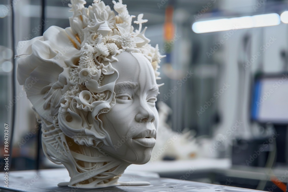 3D printing A white sculpture of a woman's head with a flowery headdress. The sculpture is made ...