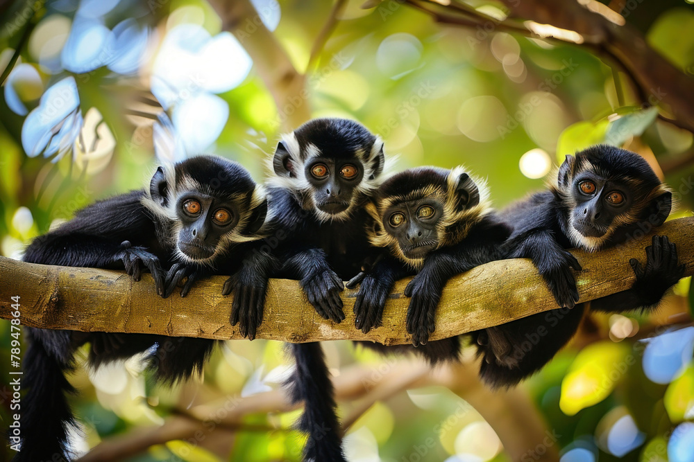 Four monkeys sitting on a branch in front of a green tree in black and ...