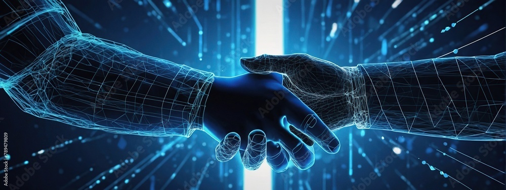Digital handshake on blue technology background, Abstract two hands in ...