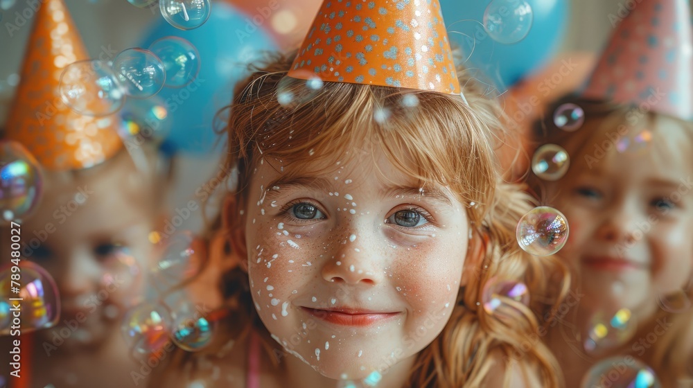 A group of kids playing with bubbles and wearing party hats at a ...
