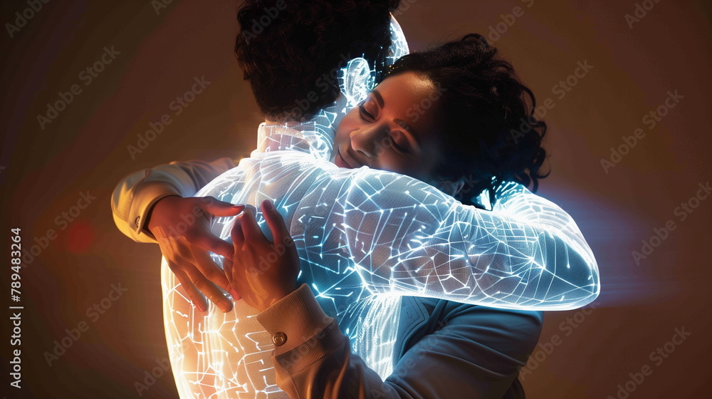 Black woman hugging a man made of transparent glowing body. Long ...