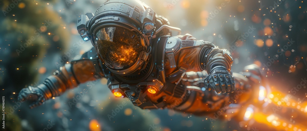 A man launches a flying jetpack. A robotic suit with rocket engine is ...