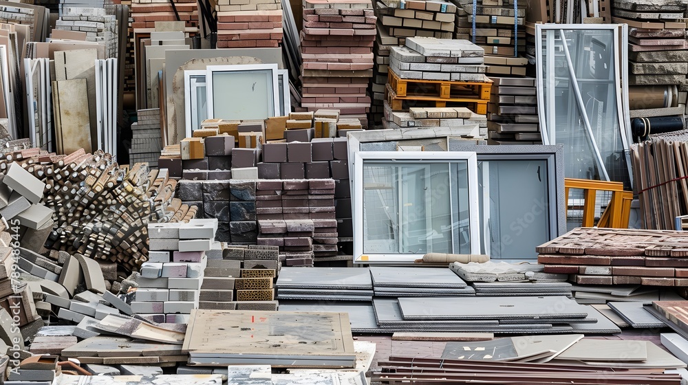 urban mining zero waste, sorted piles of construction materials windows ...