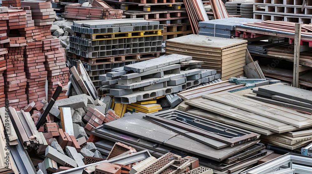 urban mining zero waste, sorted piles of construction materials windows ...