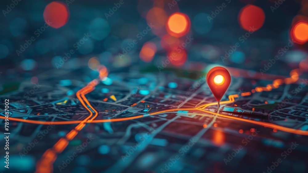 The location of digital handhelds on a map with two pins. AI technology ...