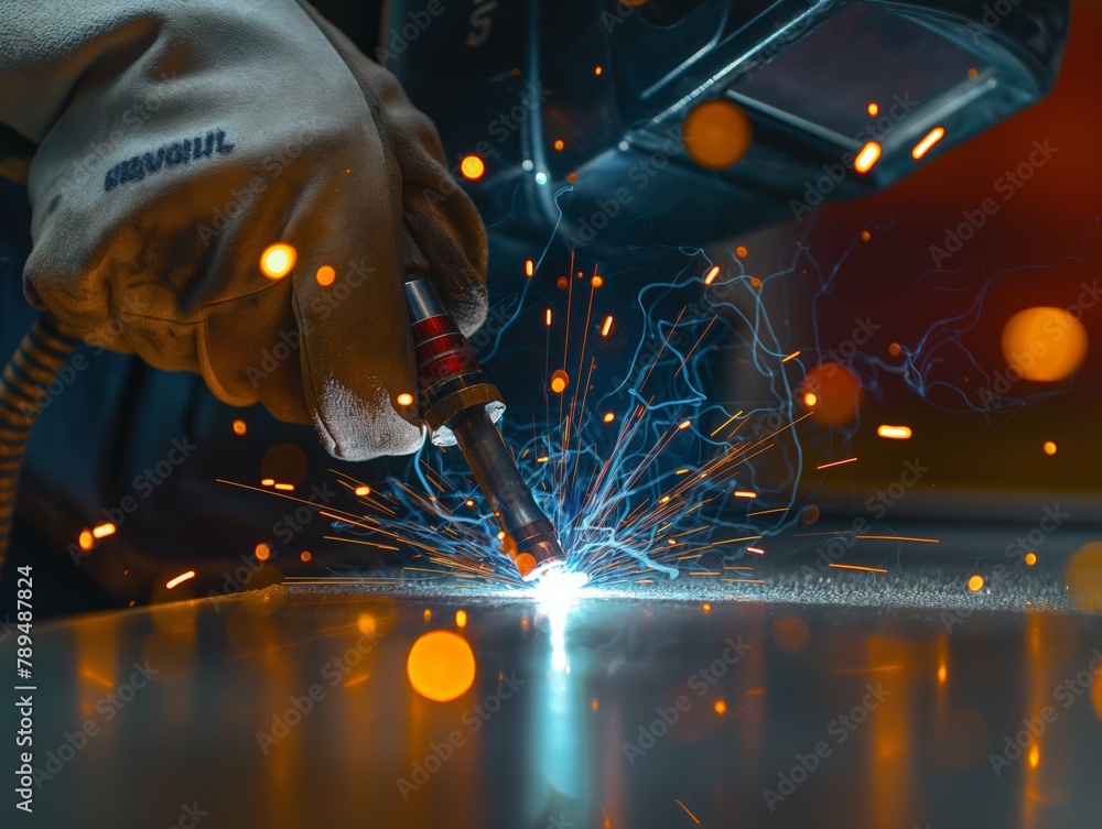 A man is welding metal with a red and black tool. The sparks from the ...