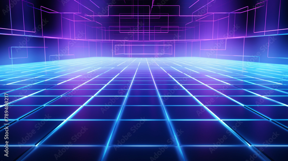 Cyan blue and purple grids neon glow light lines design on perspective ...