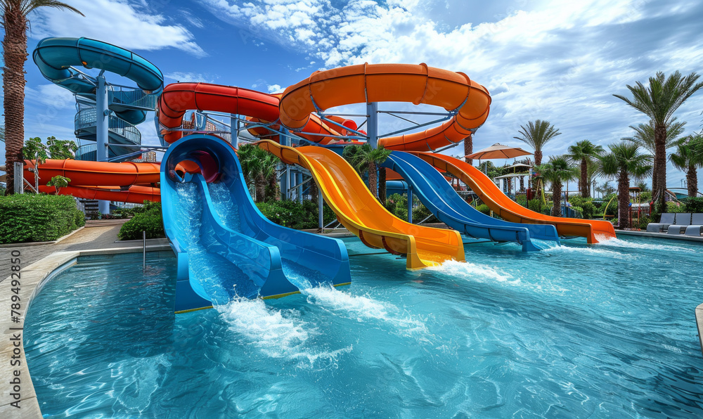 Beautiful summer waterpark with awesome creative waterslides Stock ...
