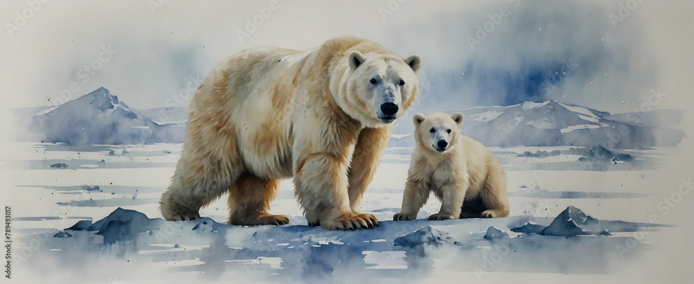 Watercolor Hand Drawing: Tundra Tots - A Polar Bear Mother and Her Cubs ...