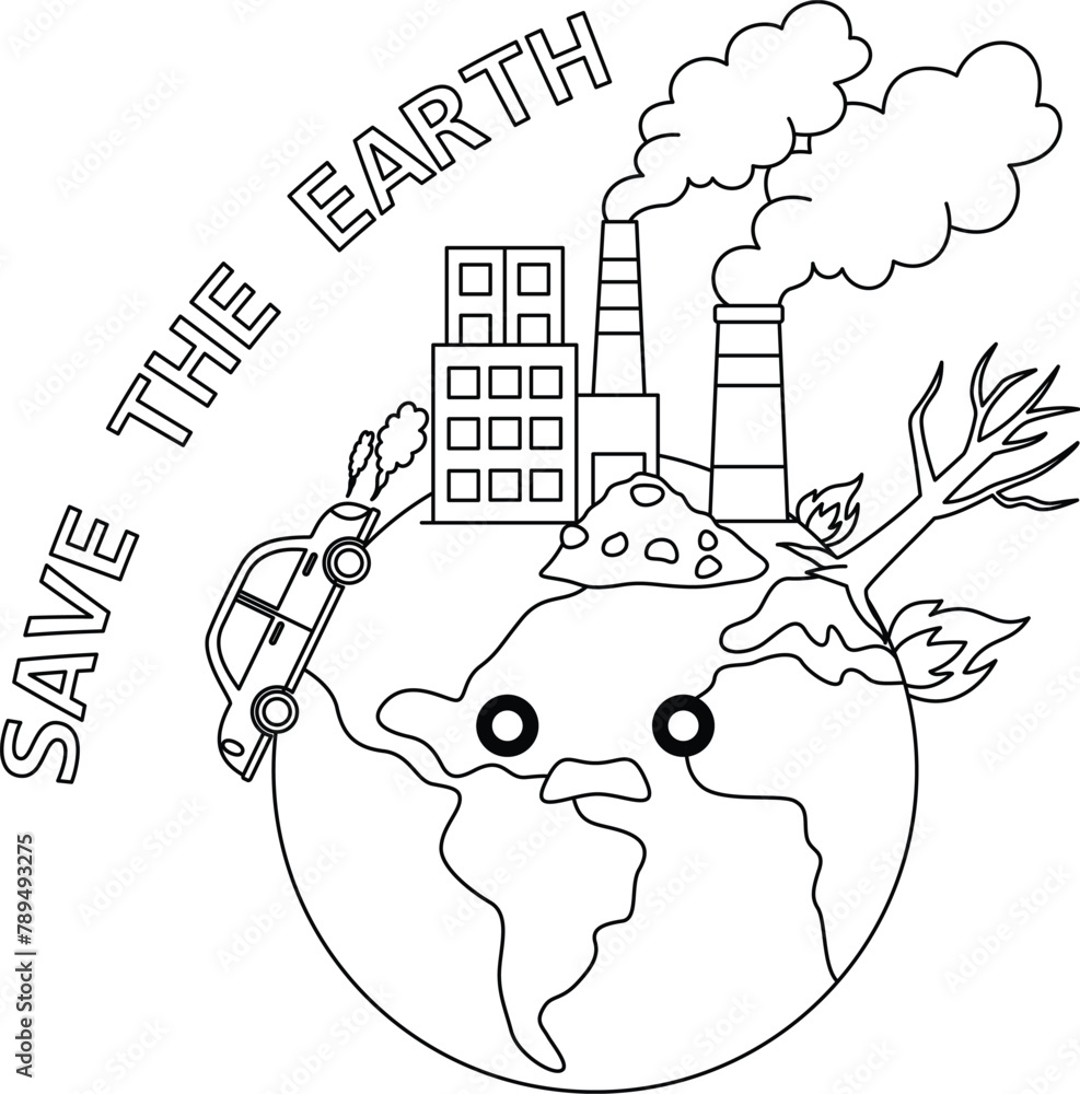 The earth with globe, power plant, wastepolluted and the slogan "save ...