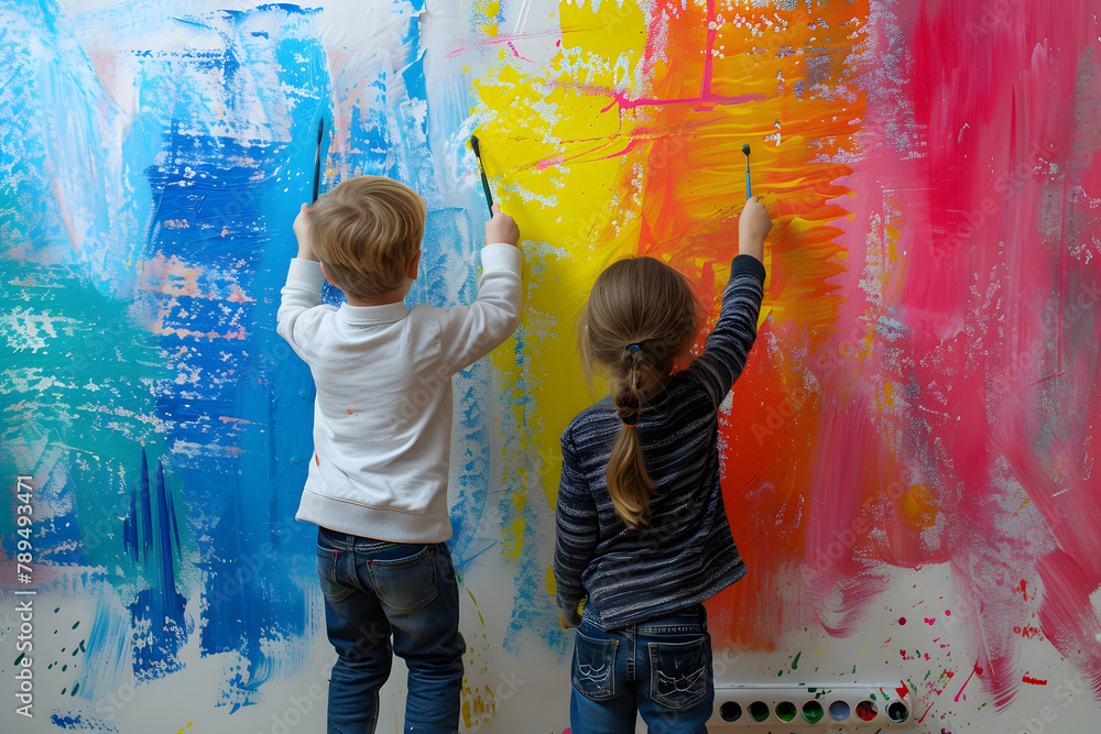 Children drawing on wall and having fun together. Happy creative kids ...