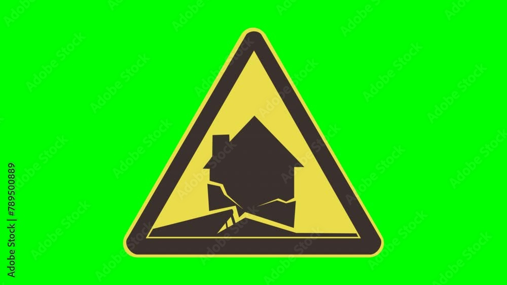 Appearance of yellow and black triangular earthquake danger sign with a ...