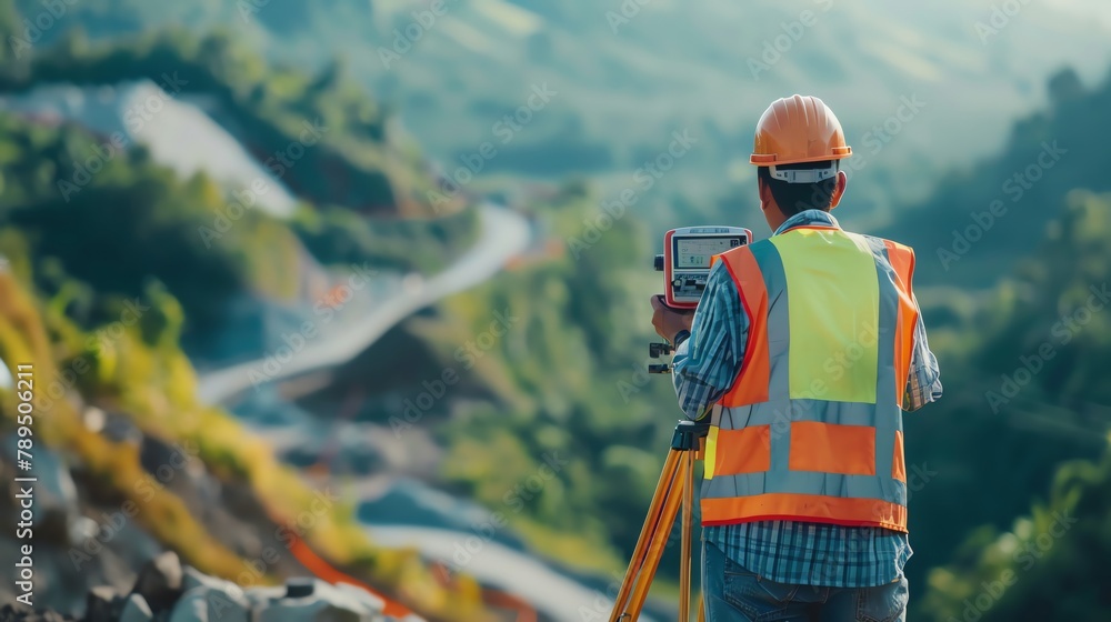 Civil engineer operating surveying equipment, inputting data to map ...