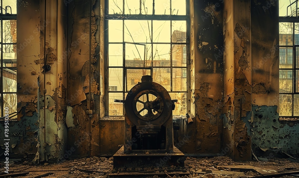 Capture the essence of a low-angle view of an abandoned factory with ...