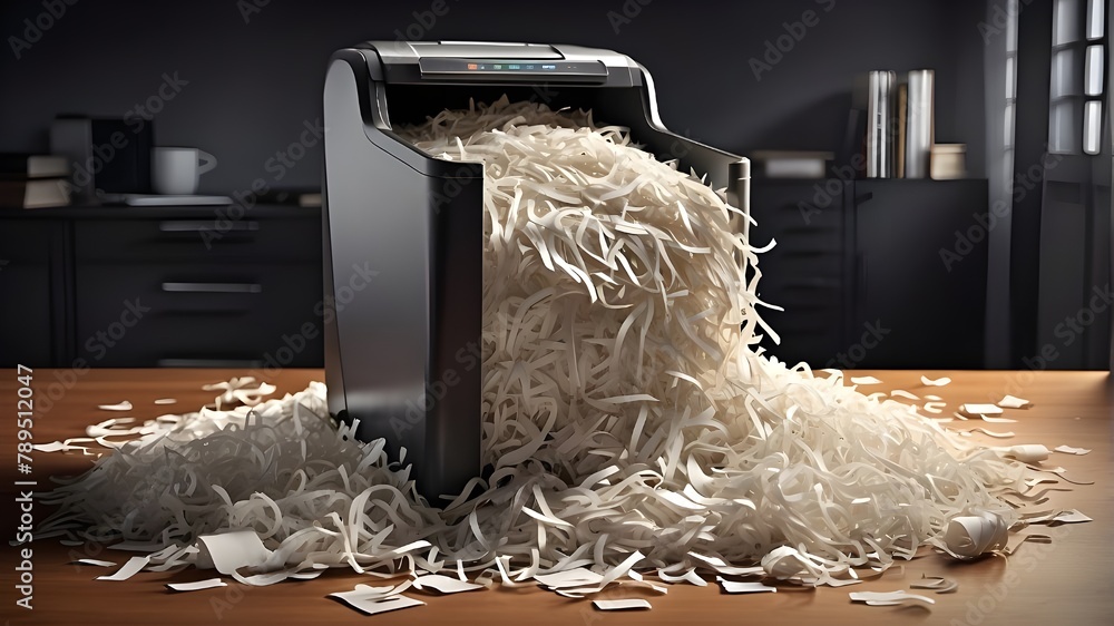 A photorealistic image depicting an office shredder filled with ...