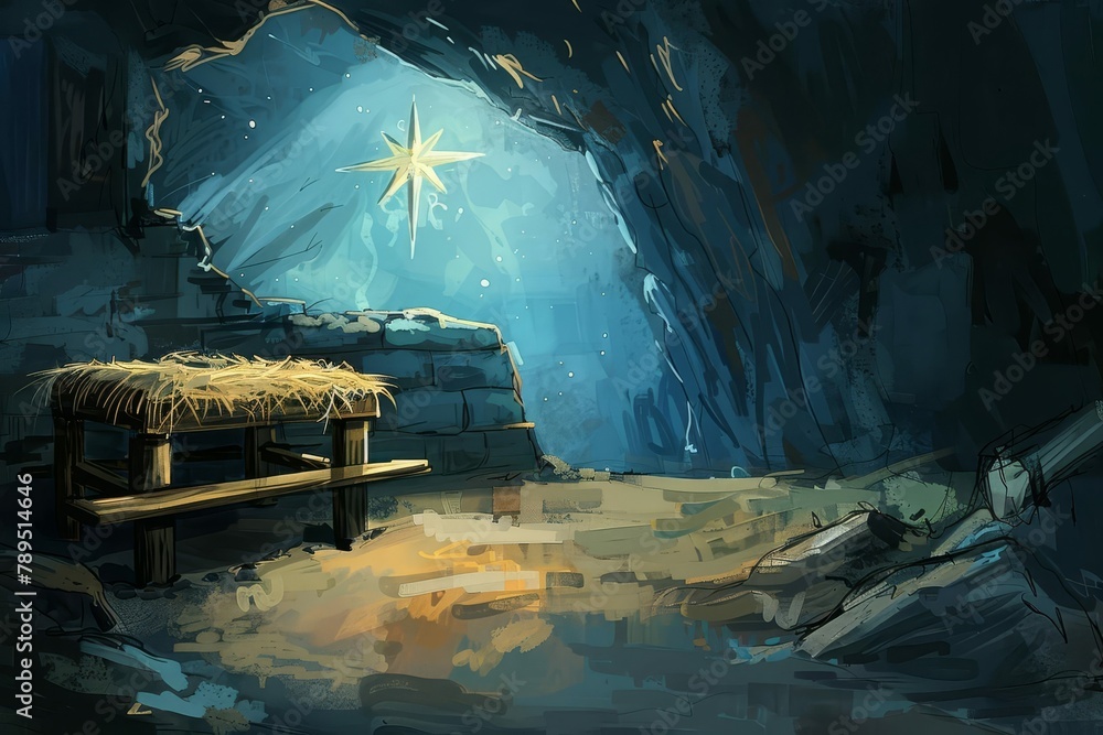 empty wooden manger in cave with star of bethlehem christian nativity ...