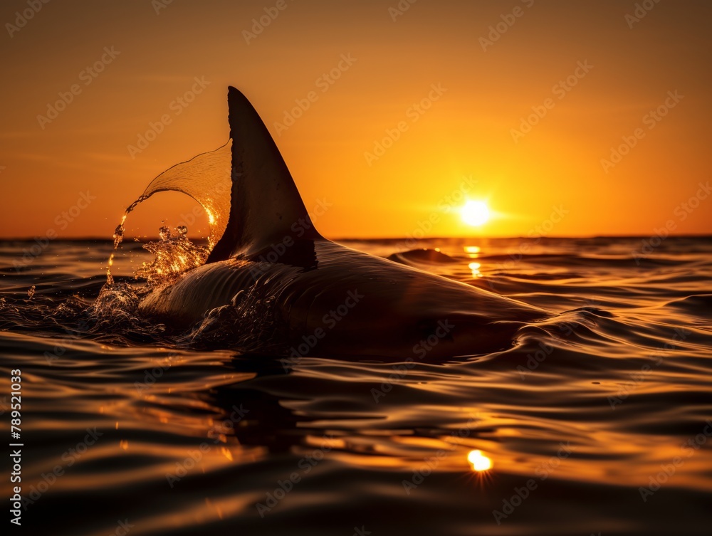 The silhouette of a shark fin cutting through the water at sunset, a ...
