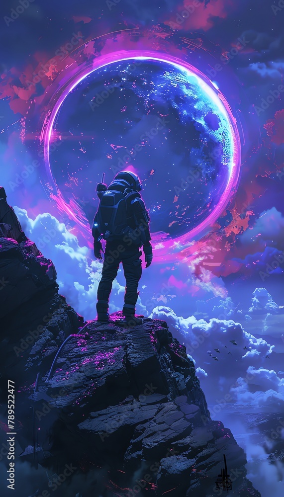 Illustrate a Scifi Superhero exploring an alien planet with a mystical ...