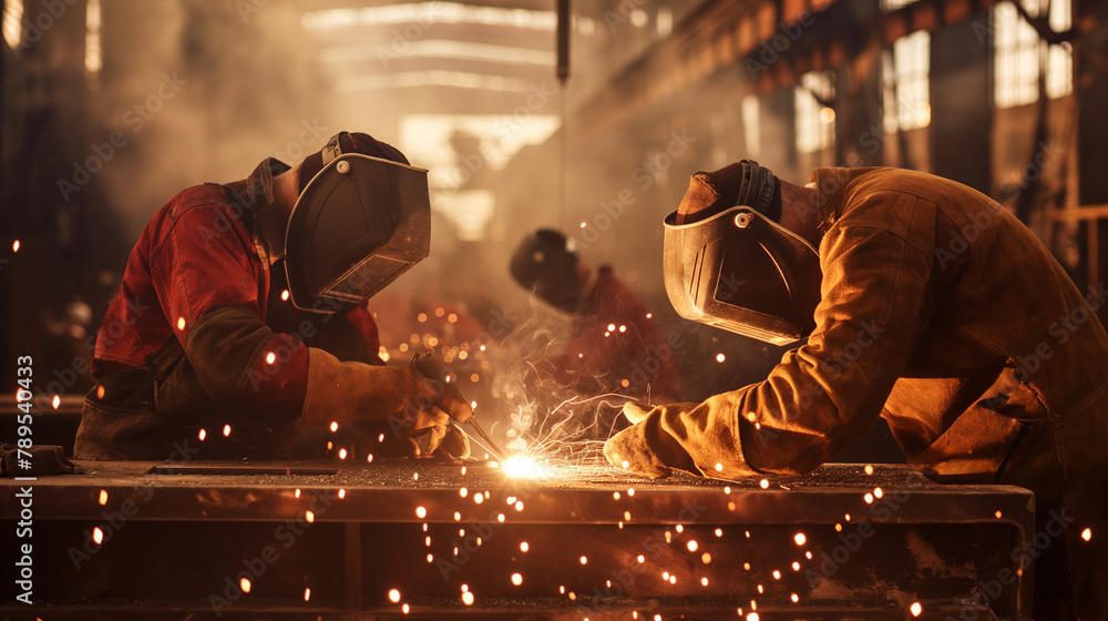 An action shot of workers in the middle of welding, with sparks flying ...