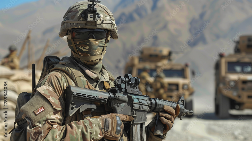 a modern military man in full combat gear with an automatic rifle at a ...