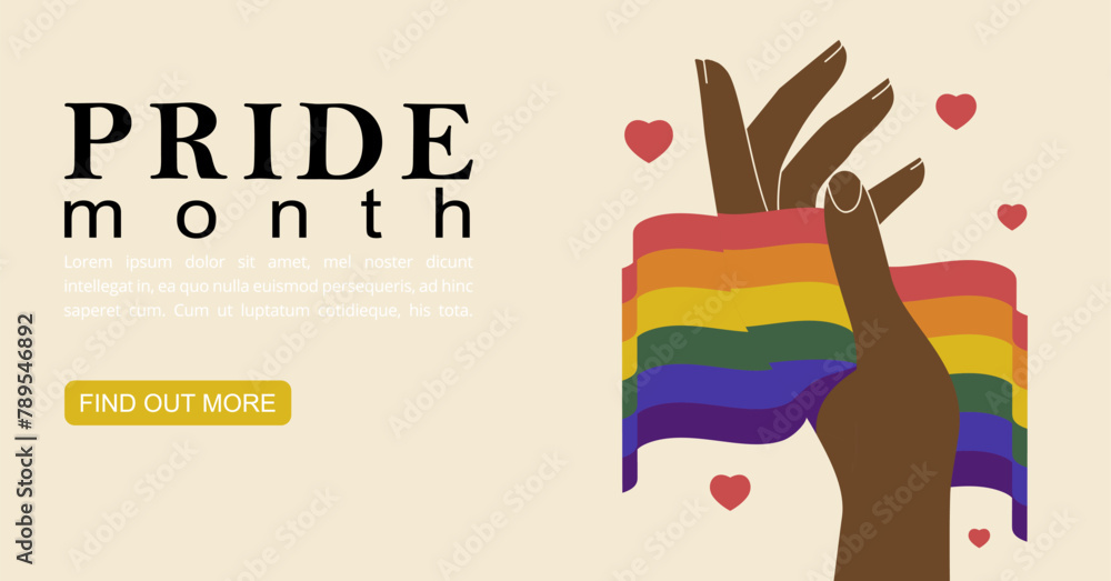 Pride month rainbow lgbt flag banner template. Hand holding rainbow ...