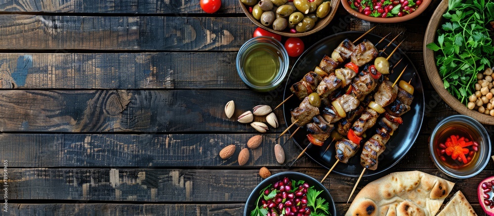 Lebanese and Middle Eastern cuisine at dinner table. Grilled meat ...